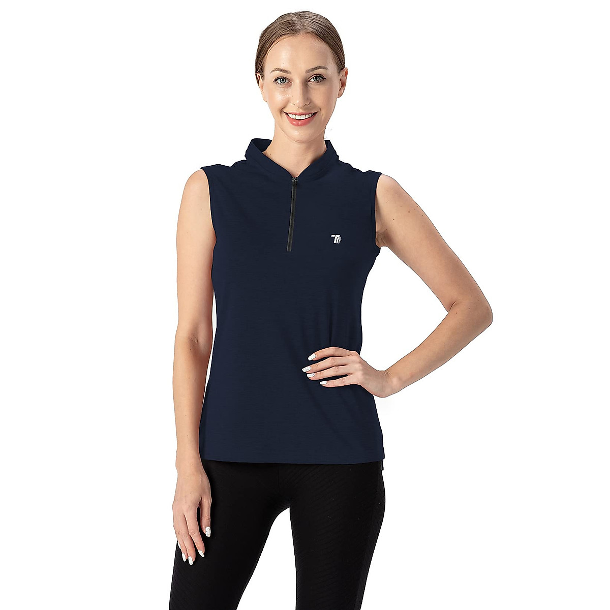 YSENTO Ladies Golf Shirts Apparel Clothes Outfits Sleeveless 1/4 Zip Dry Fit UPF 50+ Tennis Polo Tank Tops Navy Size L