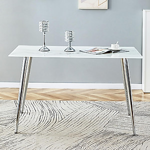 HMFULE 51" Modern Rectangle Imitation Sintered Stone Dining Table has 0.3 Inch Thick Glass Tabletop and Silver Metal Legs Kitchen Table White(Only Table)