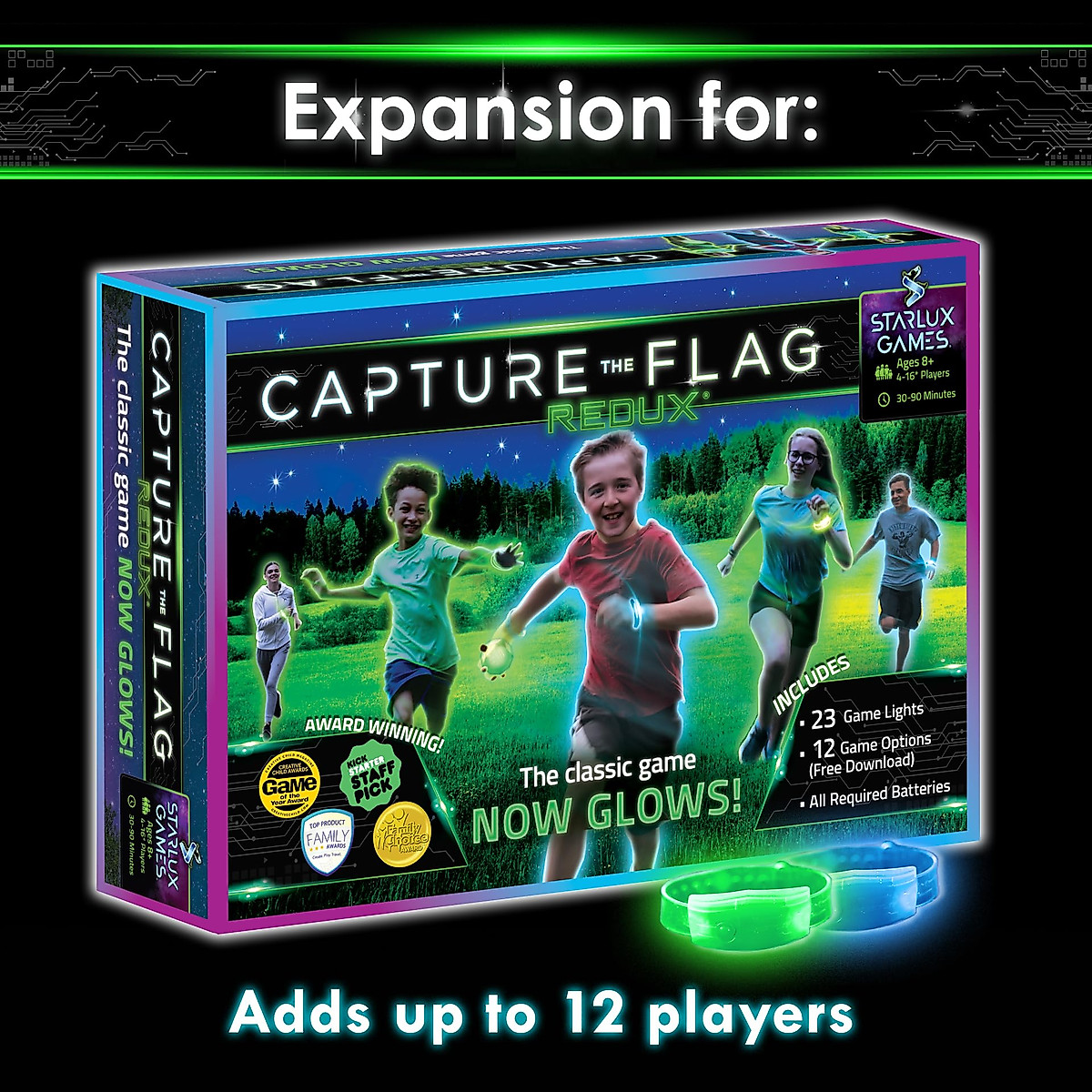 Starlux Games Capture The Flag Redux – Glow-in-The-Dark Bracelet Expansion Set | Adds 12 Players (with 12 LED Bracelets) | Glow in The Dark Games | Sleepover Games | Outdoor Games for Kids