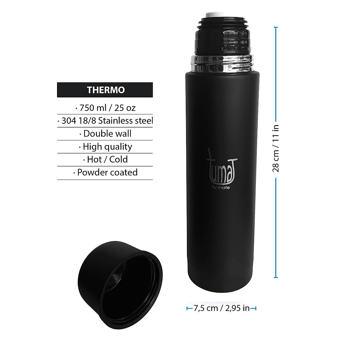 Complete Yerba Mate Kit - Includes Mate Cup, Straw (Bombilla), 750ml Thermos, Bag and two gifts (Container Yerbero and Car Immersion Heater) - Stainless Steel Yerba Mate Set (Black)