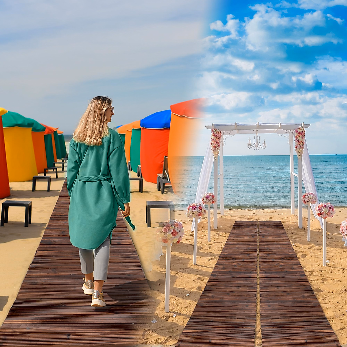 Dragosum 8FT Garden Pathway Wooden Walkway, Outdoor Path Straight Walkway Roll Out Plow and Hearth Wooden Walkway, Decorative Lawn Patio Pavers Boardwalk Beach Wedding Party (Straight)