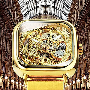 Caluxe Skeleton Watch for Men Transparent Square Face Engraved Golden Automatic Mechanical Men's Wristwatch Ultra Thin Mesh Strap Magnet Clasp Classic Vintage Retro Women Unisex