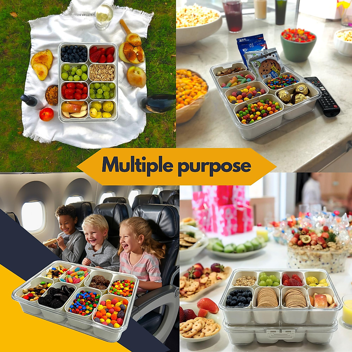 Serving Tray with Lid and Handle - Divided Portable Snackle Box Container, Fridge organizer, Clear Snack Box Organizer for Fruits, Candy, Charcuterie, Snacks - Ideal for beach and picnic essentials
