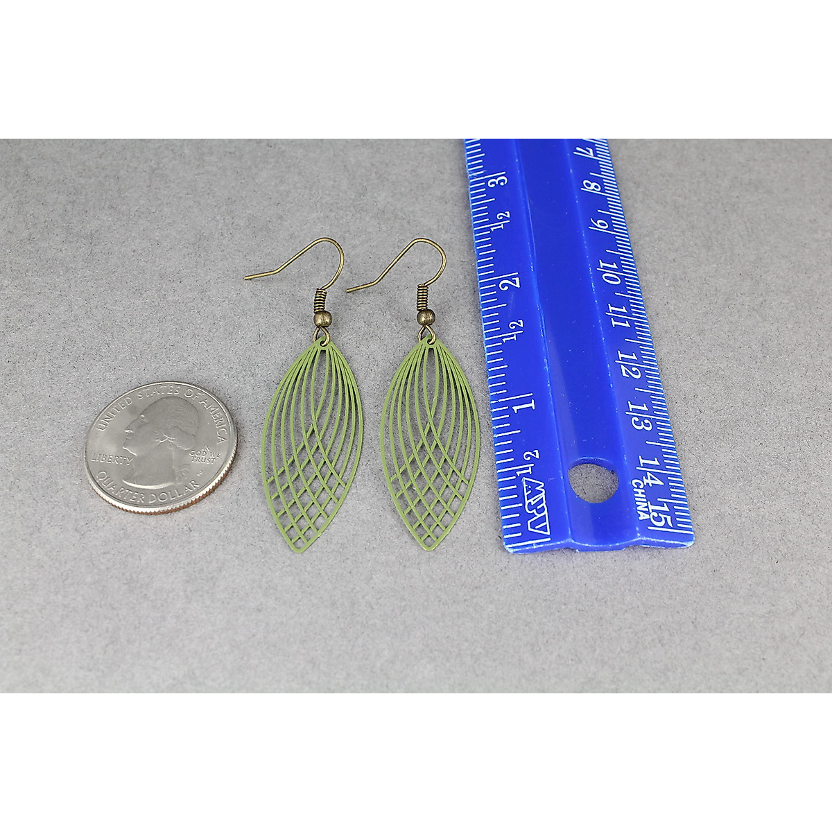Olive Green earrings teardrop dangle lightweight oval filigree 2 1/4 inches long painted very lightweight