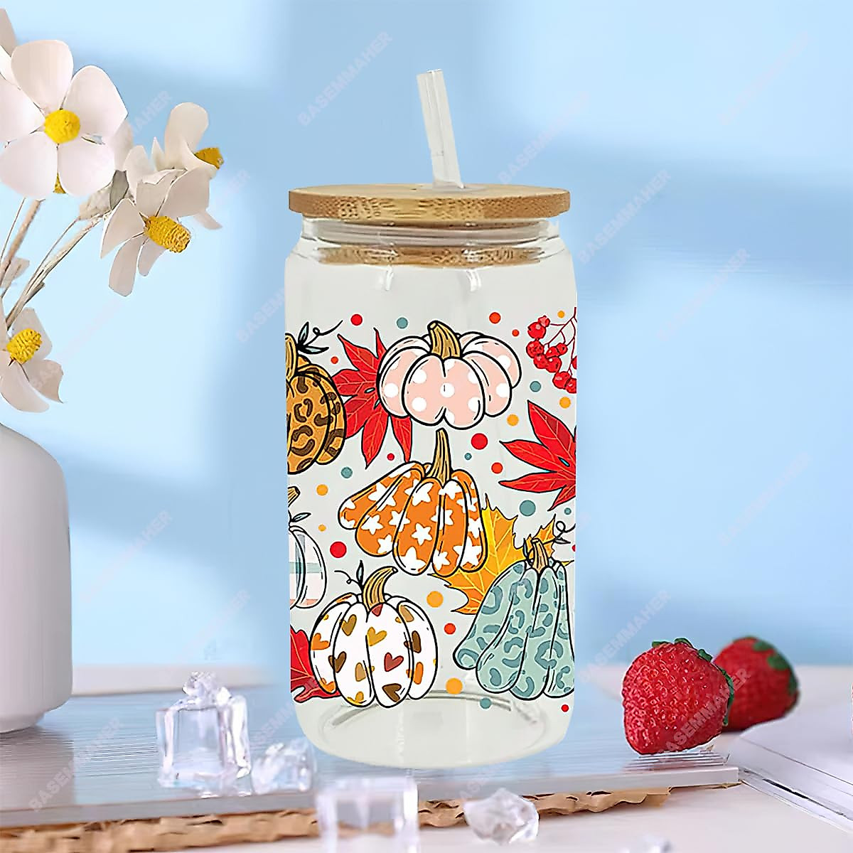 Thanksgiving UV DTF Cup Wrap Transfer for Glass 16oz, Fall Autumn Theme Harvest Pumpkin Maple Leaf Rub on Transfers Stickers Decals for Glass Cups Wood Furniture DIY Waterproof Crafts