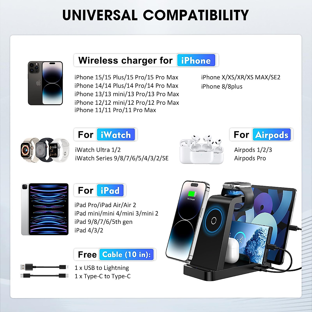 Wireless Charger for iPhone - 5 in 1 Charging Station for Multiple Devices Apple: Fast Wireless Charging Stand Dock for iPhone 15 14 13 12 Pro Max Apple Watch Airpods
