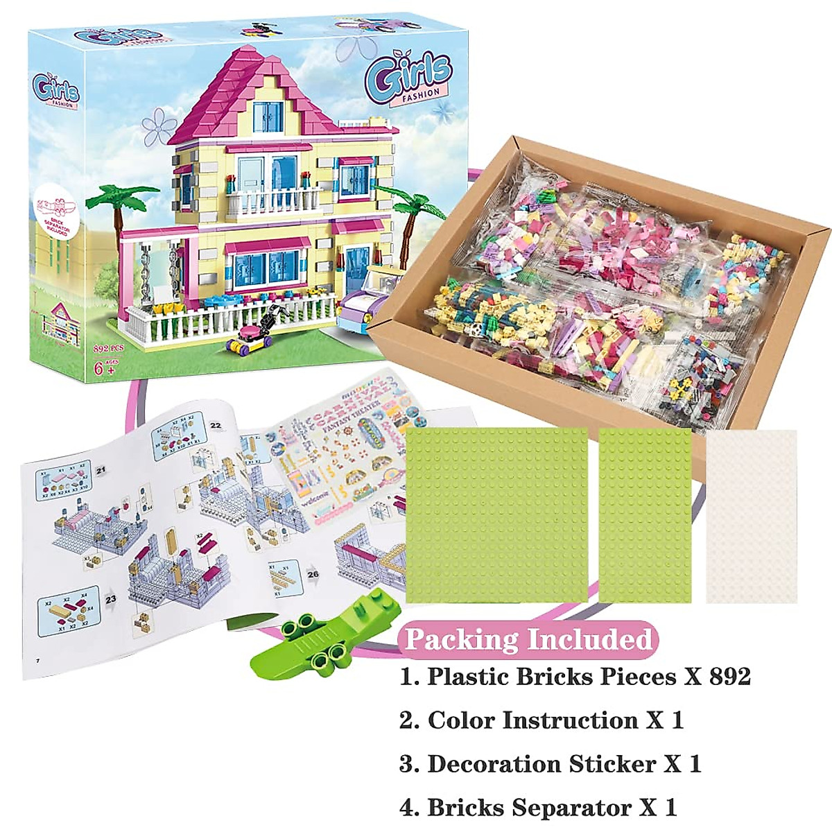 BRICK STORY Girls Friends House Building Kit, 892 PCS Big Villa Building Blocks City Family Beach House Model Toy Set Apartment Room Playset with 4 Mini People and Car for Girls Kids Aged 6 and Up