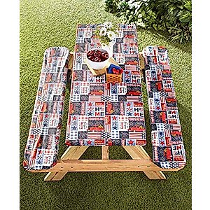 The Lakeside Collection Picnic Table and Bench Seat Covers with Elastic Edges - Americana - 3 Pieces