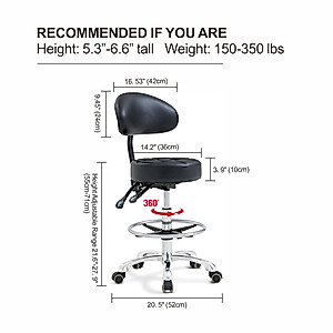 Grace & Grace Height Adjustable Rolling Swivel Tall Stool Chair with Back Support,Heavy Duty Stool with Wheels for Salon,Massage, Factory, Shop,Work (Black,with Back Support)