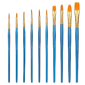 Amazon Basics Paint Brush Set, Nylon Paint Brushes for Acrylic, Oil, Watercolor, 10 Brush Sizes