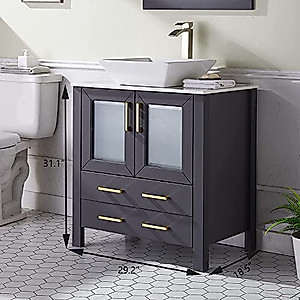 Wenore Home 30 Inch Bathroom Vanity with Sink, Dark Gray Bathroom Vanity and Basin Top,Bath Sink Cabinet Set with Ceramic Sink Tempered Glass Countertop, Storage Cabinet 2 Doors 2 Drawers