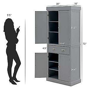 Squireewo 72" Freestanding Kitchen Pantry Storage Cabinet with Doors and Adjustable Shelves,Storage Cupboard with Large Drawer for Kitchen,Bathroom or Hallway,Grey