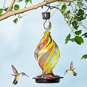 LUJII Ice Cream Shaped Spiral Hummingbird Feeder for Outdoors Hanging, Hand Blown Glass, 28 fl.oz, Leak Proof & Rustproof, Includes an Ant Moat, Unique Garden, Outside & Backyard Decor (Ribbon)