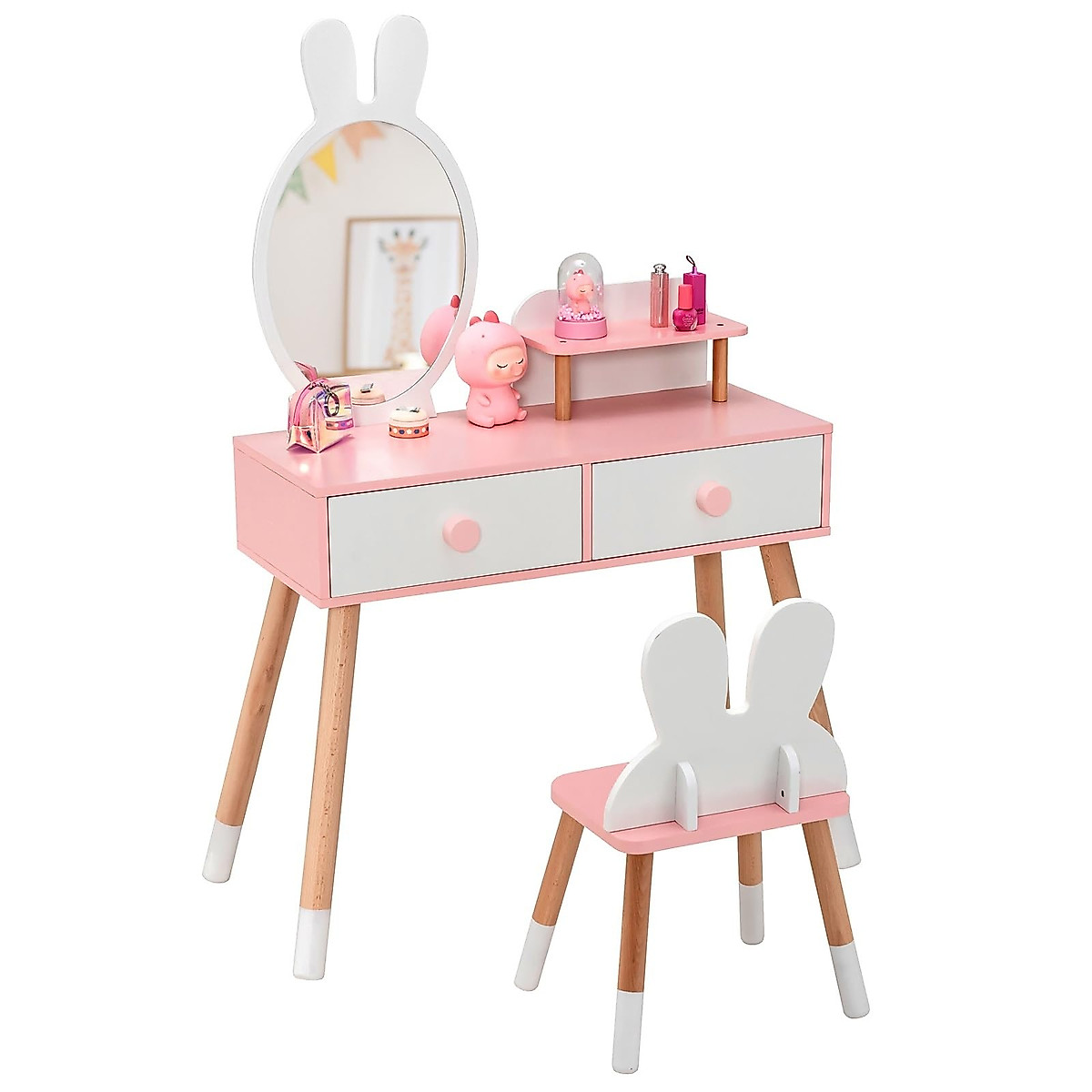 FIREFLOWERY Kids Vanity, Kids Vanity Table and Chair Set with Mirror & Storage Shelf, Princess Dressing Table, Toddler Makeup Vanity, Girls Vanity with 2 Large Drawers (White)