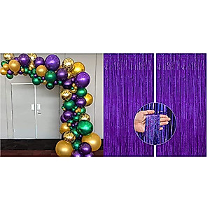 PartyWoo Purple Green Gold Balloons 50 pcs and Purple Foil Fringe Curtain 2 pcs