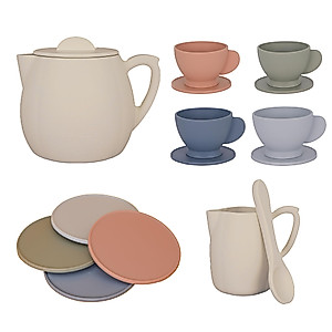 Babes Choice 12Pcs Silicone Tea Party Set for Little Girls, includes Storage Bag - Princess Tea Time, Kids Kitchen Pretend Play, BPA Eco-Friendly (Cream)