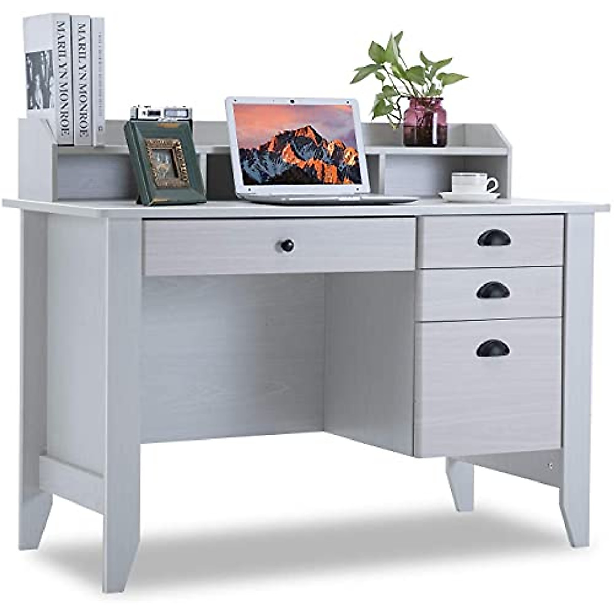 Catrimown Computer Desk with Drawers and Hutch Shelf, Wood Executive Desk Teens Student Desk Writing Laptop Home Office Desk for Small Spaces, White Oak