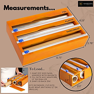 BASILEIA 3 in 1 Plastic Wrap Dispenser with Cutter - Bamboo Foil Organizer with 2 Extra Cutters & 24 Label for Cling Wrap, Aluminum Foil, Wax & Parchment Paper-Rolls up to 12"