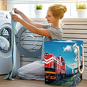 Laundry Hamper Train Pattern Collapsible Laundry Baskets Firm Washing Bin Clothes Storage Organization for Bathroom Bedroom Dorm