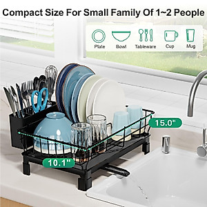 GSlife Dish Drying Rack, Small Dish Rack with Tray Compact Dish Drainer for Kitchen Counter Cabinet, Black
