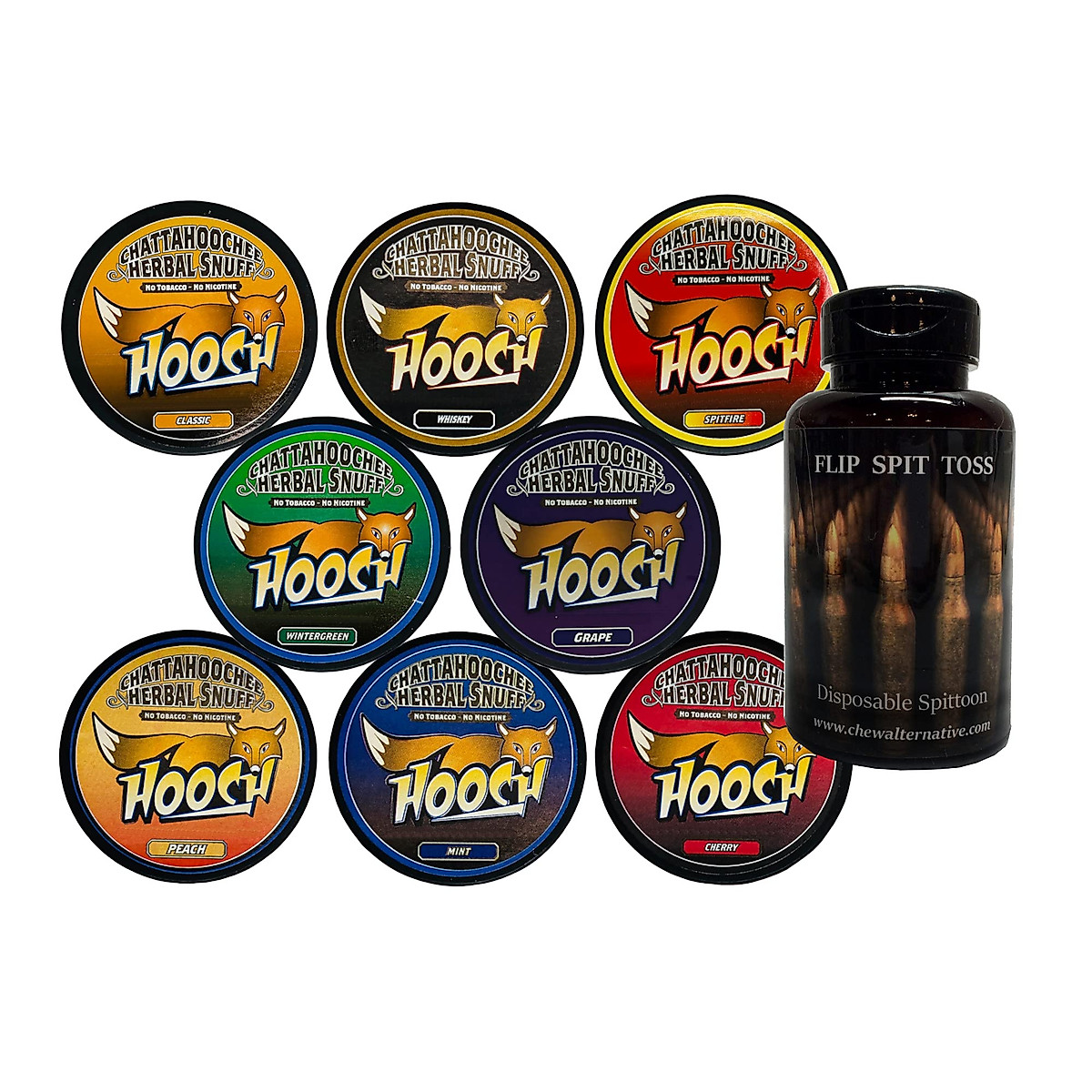 Hooch Herbal Snuff Variety Sampler Rough - 8 Cans - Includes Mud Bud Disposable Spittoon - Ammo