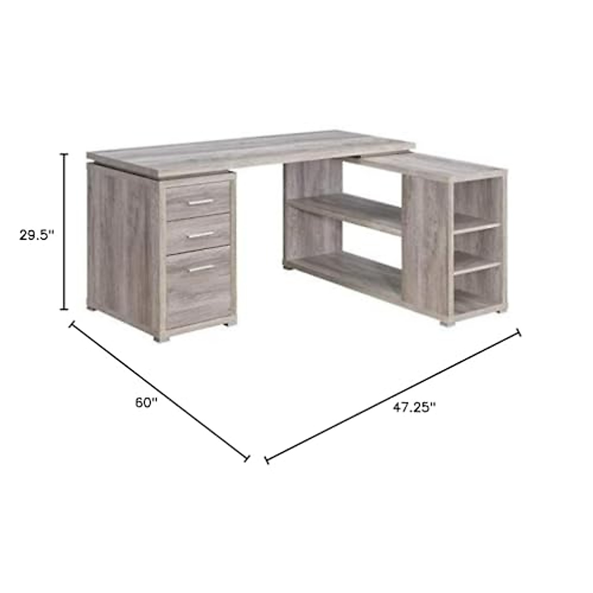 Pemberly Row L Shape Corner Storage Desk in Grey Driftwood, Letter/Legal File, 5 Bookshelves
