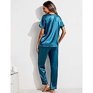 Ekouaer Women's Satin Silky Pajama Set Short Sleeve T Shirt with Long Pant Pj Set Two Piece Pj Loungewear Blue