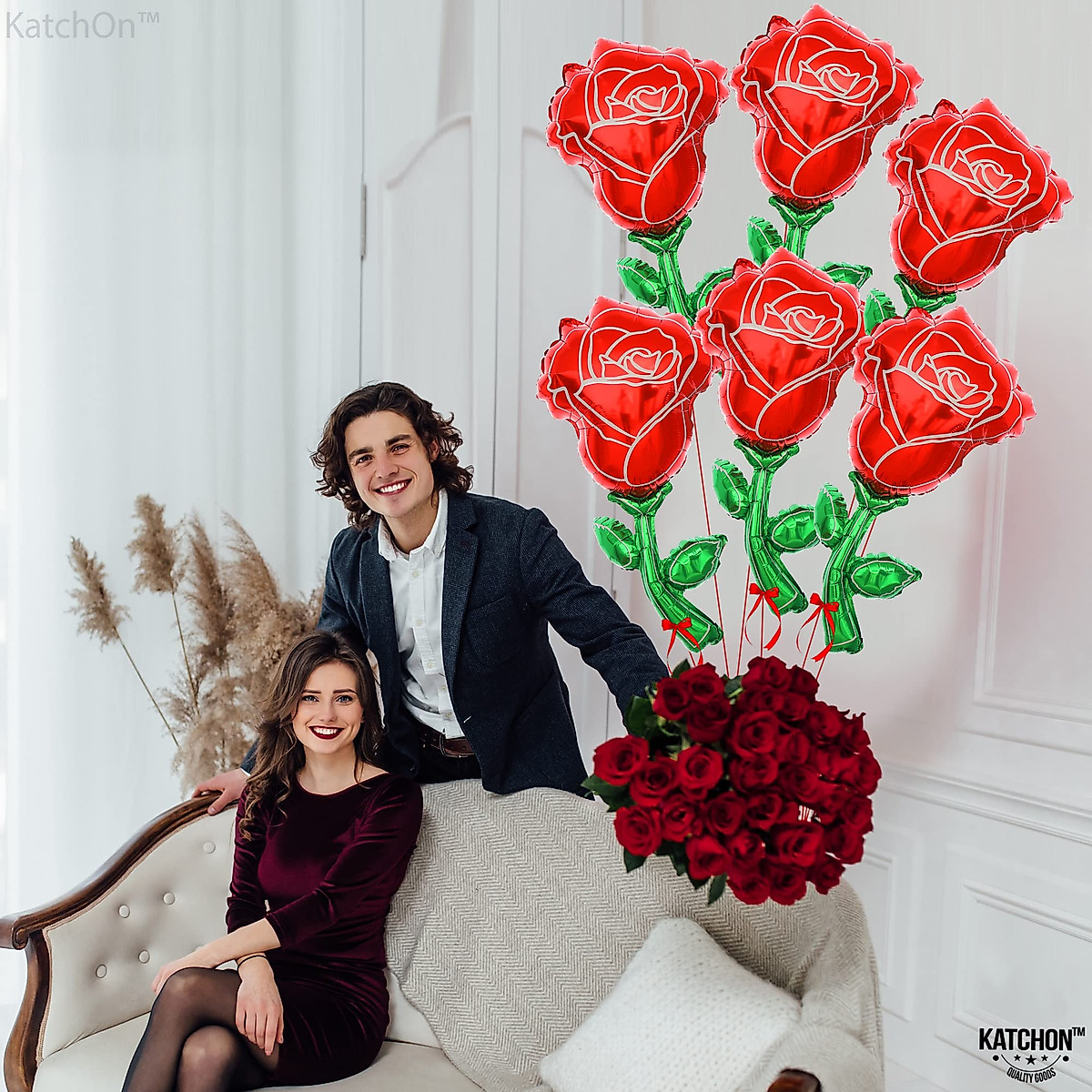 Katchon, Giant Rose Balloons 37 Inch - Pack of 6 | Rose Foil Balloons, Flower Shaped Balloons | Rose Shaped Balloons, Romantic Decorations Special Night | Happy Birthday Balloons Red Rose Balloons