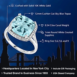Gem Stone King 10K White Gold Sky Blue Topaz and White Created Sapphire Engagement Ring For Women | 8.54 Cttw | Cushion Cut 12MM | Gemstone Birthstone | Ring Size 5-9