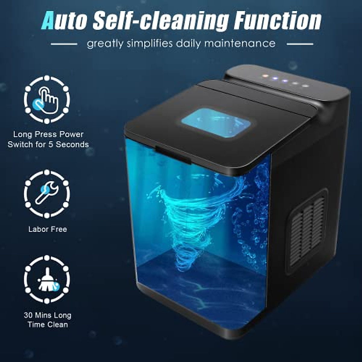 SIMOE Ice Makers Countertop, Ice Machine, 33Lbs/24Hs, 9 Cubes in 6Mins, Automatic Self-Cleaning, 2 Ice Sizes, w/LED Display for Party/Bar/Office, Black
