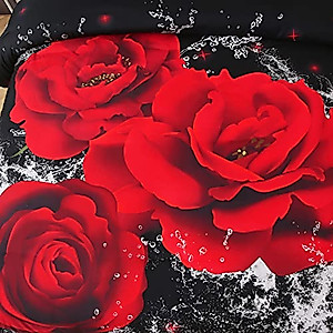 Djoymock Rose Duvet Cover Set Queen Red Floral Printed Bedding Set 3 Pieces Reversible Soft Microfiber Romantic Comforter Cover Set Home Decor for All Season (1 Duvet Cover + 2 Pillowcases) 90"x90"