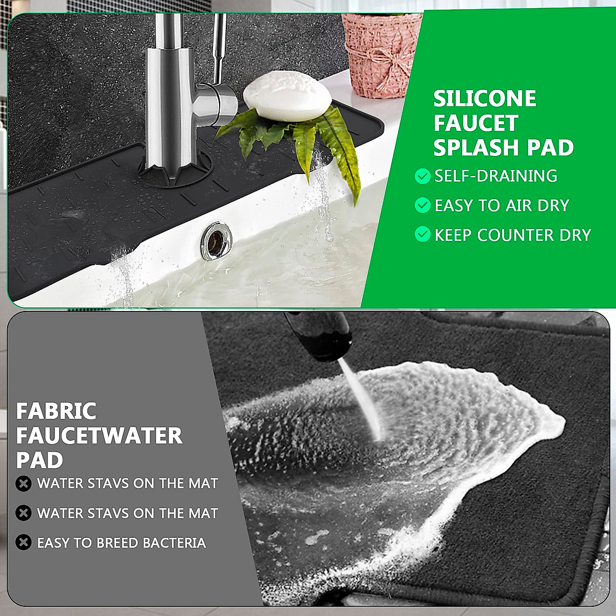 Premium Silicone Soap Holder for Bathroom Kitchen Self Draining Sink Draining Pad Behind Faucet Drip Protector Splash Countertop Sink Caddy Organizer for Dish Soap (Black)