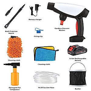 Cordless Pressure Washer,LAND 20V Electric Portable Power Cleaner with 2.0Ah Battery, Car Wash with All-in-one Adjustable Sapry Nozzle for Wall/Floor/Window/Cars/Fences/Siding with Bucket