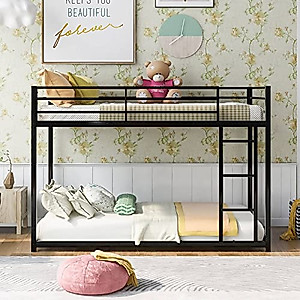 Epinki Metal Bunk Bed, Twin Over Twin, Low Bunk Bed with Ladder, Black Bed Frame, Easy Assembly