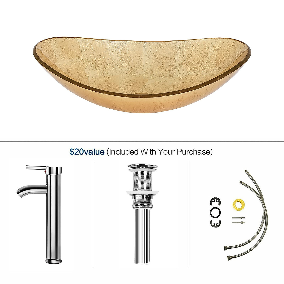YOURLITE Bathroom Sink,Boat Shape Bathroom Glass Vessel Sink with Faucet and Pop-Up Drain Bowl Vessel Sinks for Bathrooms, Gold
