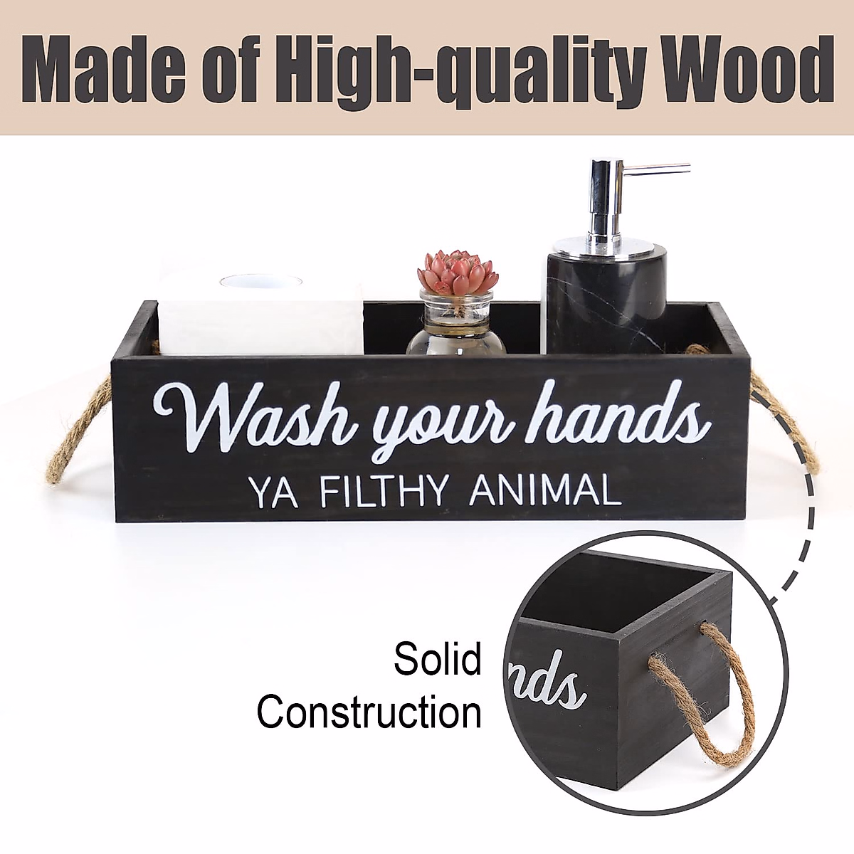 CuffUp Bathroom Decor Box, Toilet Paper Basket 2 Sides Signs Farmhouse Bathroom Basket Toilet Basket Tank Topper Rustic Farmhouse Home Decor for Livingroom Kitchen（One Black Rope box）