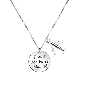 LQRI Airforce Mom Gift Proud Air Force Mom Necklace Airplane Charm Military Deployment Gift Long Distance Relationship Necklace for Mother (silver)