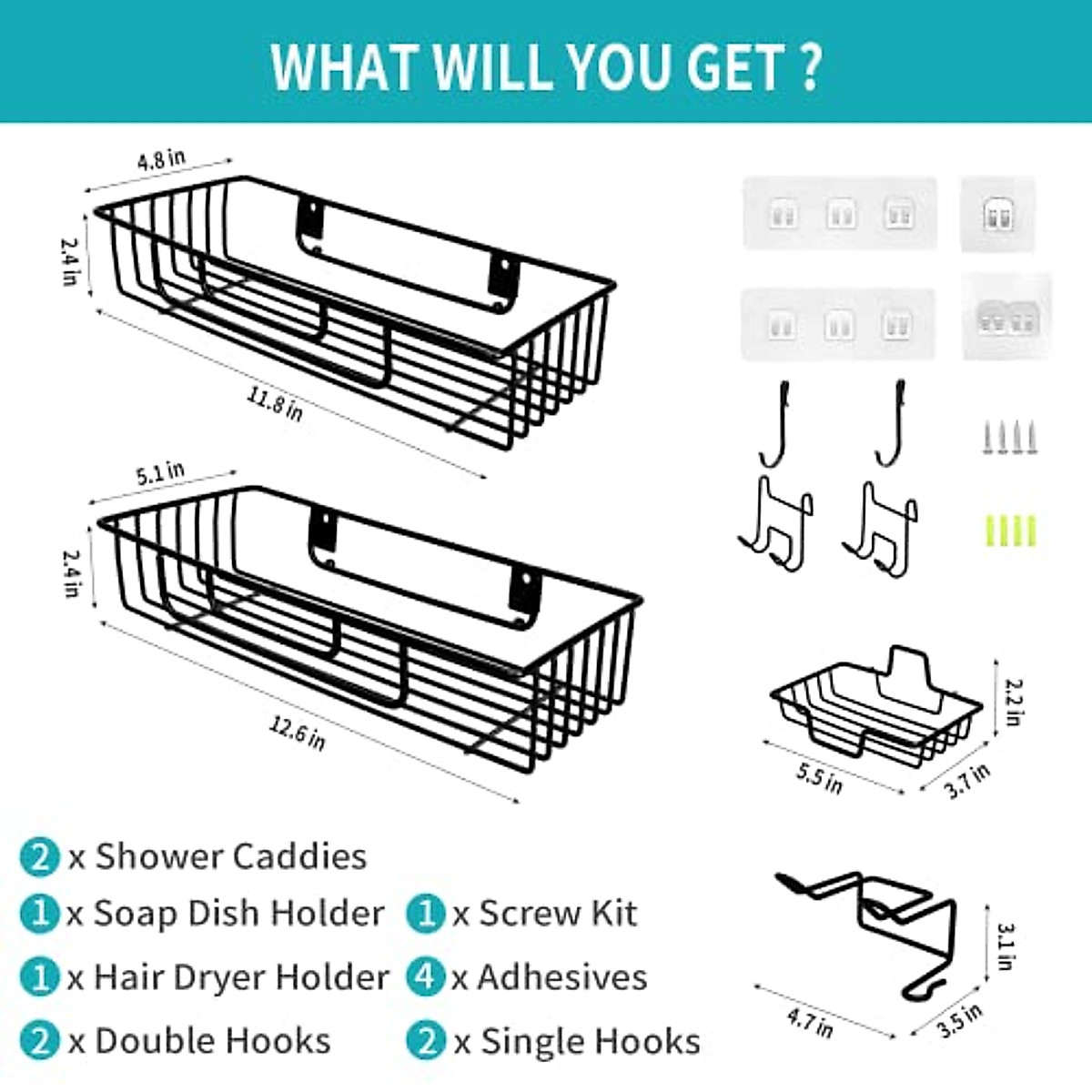 EATAKWARD 4 Pack Shower Caddy Basket Shelf with Soap Dish,Hair Dryer Holder &Hooks Strong Adhesive Wall Mounted Shelf Organizer Storage Rack 304 Stainless Steel Shelves for Bathroom Kitchen, Black