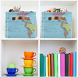 AUUXVA Globe World Map Storage Basket Collapsible Cloth Storage Cube Basket Bins Organizer with Handles Rectangular Large Toys Shelf Closet for Nursery Bedroom Home Office