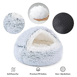 NOYAL Round Hooded Donut Dog Bed for Small & Medium Pets - Plush Fluffy Anti-Anxiety Cat Cave Bed with Cover