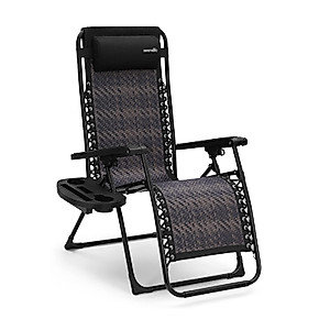 SereneLife SL1ZRC88.5 Outdoor Foldable Rattan Zero Gravity Lawn Chair-Adjustable Recliners with Plastic Cup Holder Side Table and Pillow, Off Black
