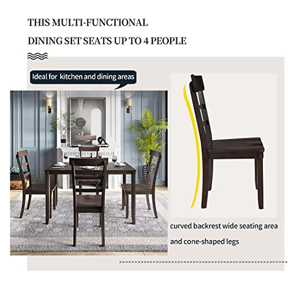 5 Piece Kitchen Dining Table Set 1 Wooden Table + 4 Chairs Set for Restaurant Espresso