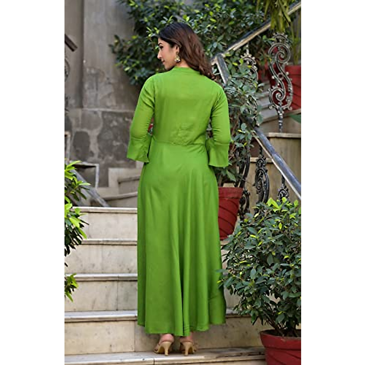 FIDOZA Women's Rayon Printed Anarkali Embroidery Kurti Dress | Pakistani Style Rayon Embroidery Kurti For Women | Ready to wear (Olive Green, M)