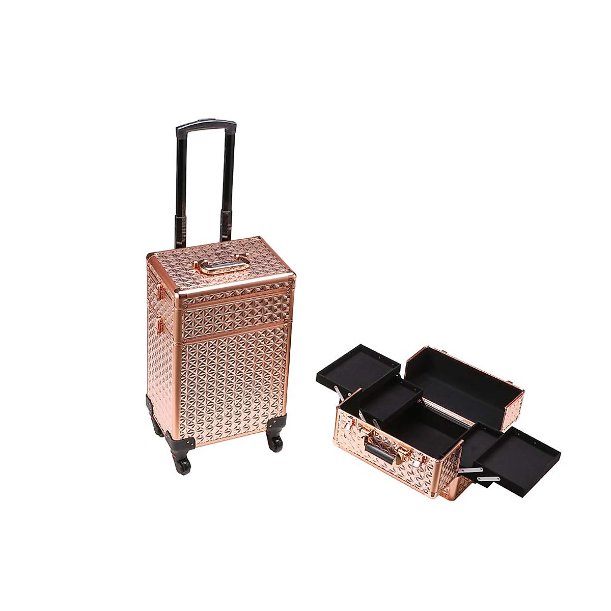 Rolling Train Case 4-in1 with extra lid Portable Makeup Train Case Professional Cosmetic Organizer Makeup Traveling case Trolley Cart Trunk (Rose Gold)