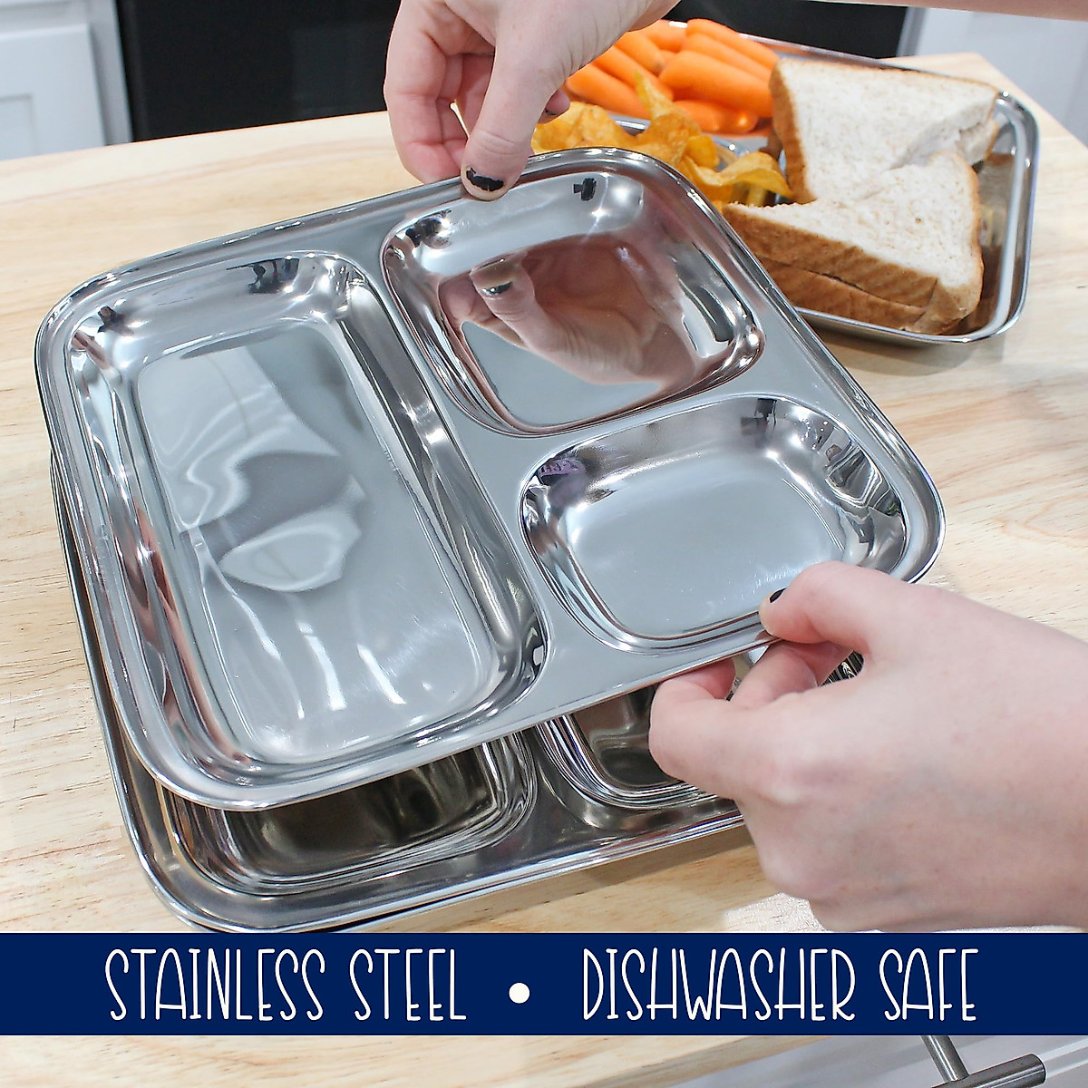 Darware Stainless Steel Divided Plates/Compartment Trays (4-Pack); 9.8 x 8.1 Inches Oblong 3-Section Mini Trays, Great Size for Kids, Portion Control, Camping