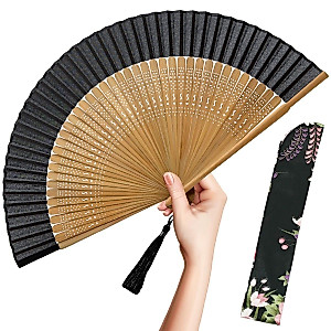 OMyTea Folding Hand Fan for Women - Foldable Chinese Japanese Vintage Bamboo Silk Fan - for Hot Flash, Church, EDM, Music Festival, Party, Dance, Performance, Decoration, Gift (Sexy Bamboo)