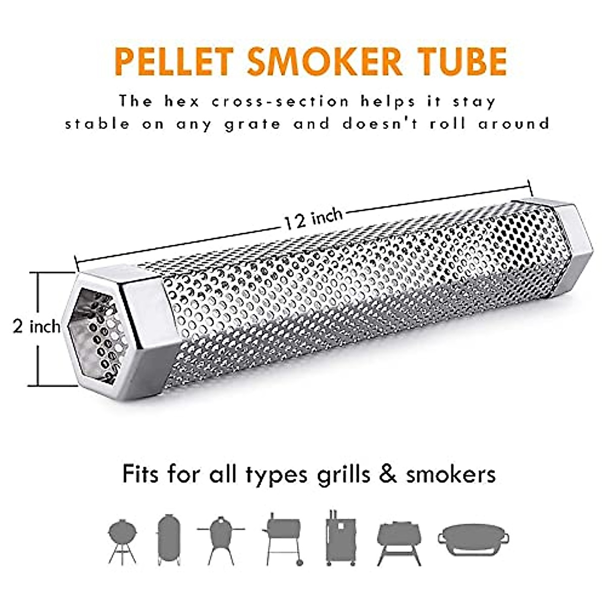 WSNM Pellet Smoker Tube,12Inch Stainless Steel BBQ Wood Smoker Tube for 5 Hours of Billowing Smoke, Pellet Smoker Tube for All Grill or Smoker, Hot or Cold Smoking, Clean Brush and Hooks