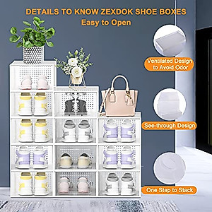 ZEXDOK Shoe Boxes Clear Plastic Stackable, 6 Pack Shoe Storage Boxes for Closet Small Space, Foldable Sneaker Storage Boxes, Under Bed Shoe Storage Containers for Entryway, Closet Floor, Drop Front
