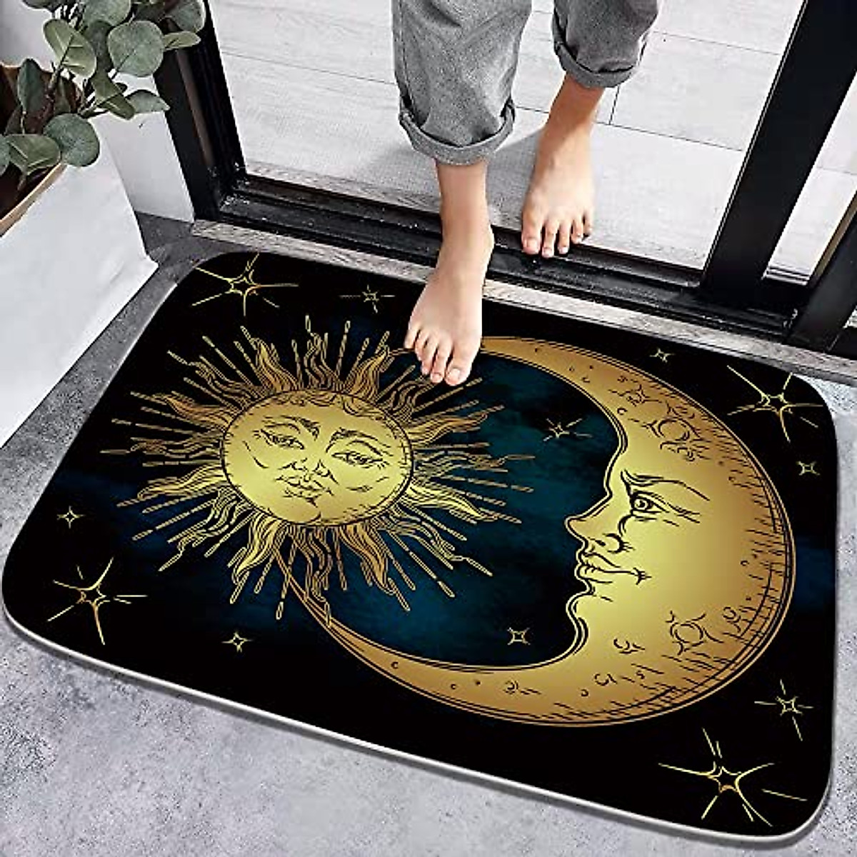 Sun and Moon Bathroom Rugs and Boho Chic Art Stars Over Blue Black Sky Mats Sets 3 Piece, Velvet Memory Foam Antique Style Bath Mat, Large Small and U-Shaped Contour Shower Mat Non-Slip Washable