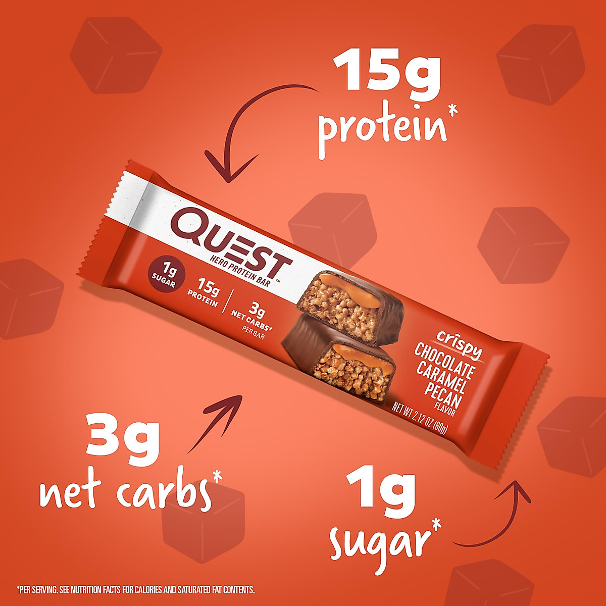 Quest Nutrition Crispy Chocolate Caramel Pecan Hero Protein Bar, 15g Protein, 1g Sugar, 3g Net Carb, Gluten Free Protein Snack, Keto Friendly, 12 Count